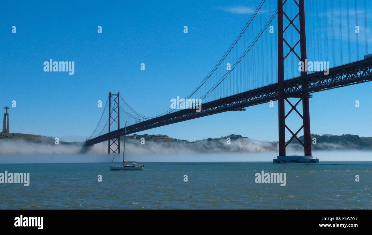 Landscape view of the 25 de Abril Bridge in Lisbon, Portugal, with a ...