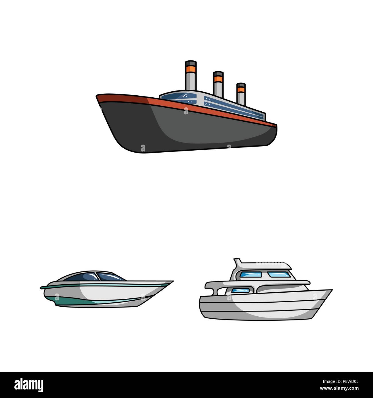 Water and sea transport cartoon icons in set collection for design. A ...