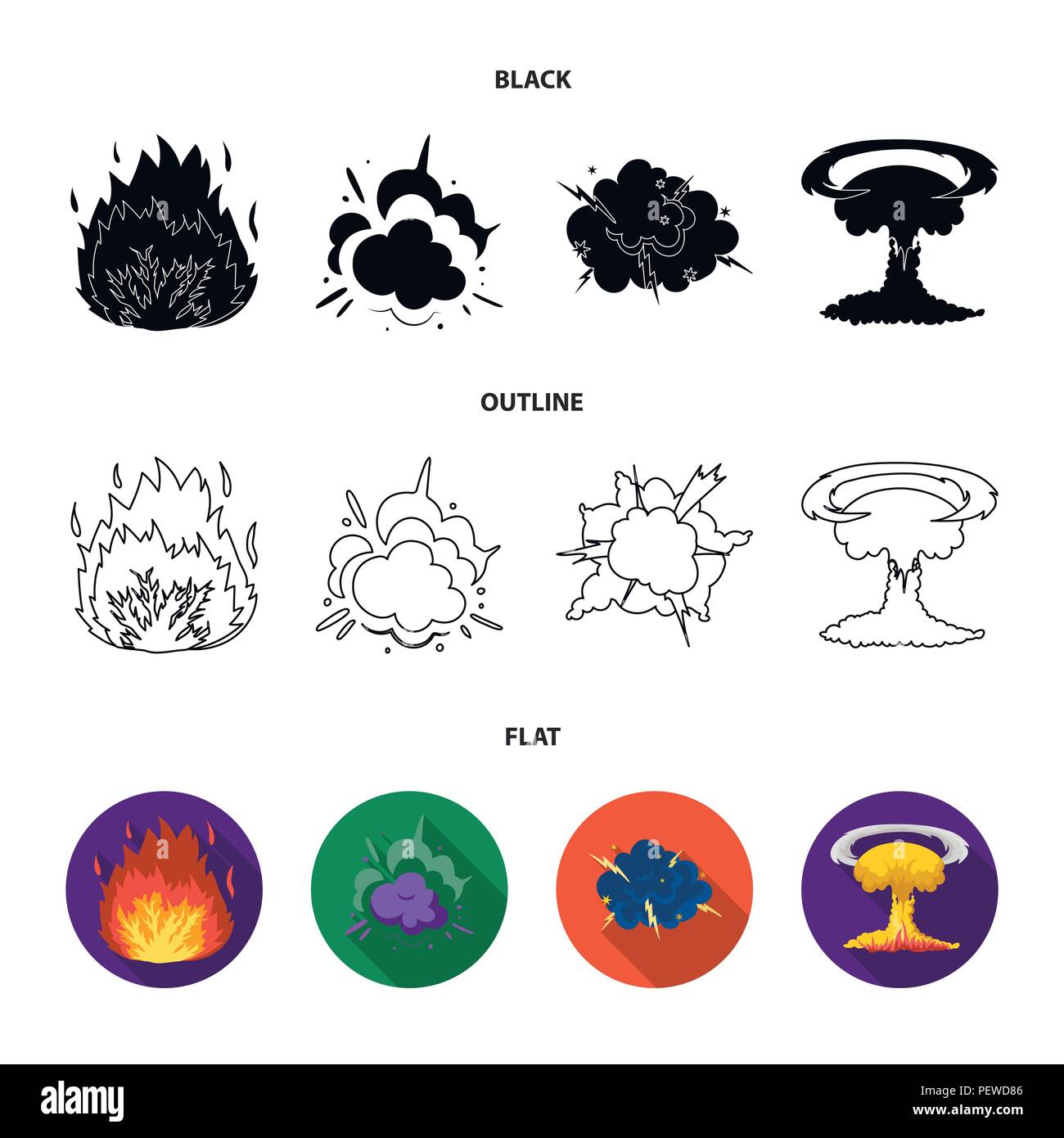 Flame, sparks, hydrogen fragments, atomic or gas explosion. Explosions ...