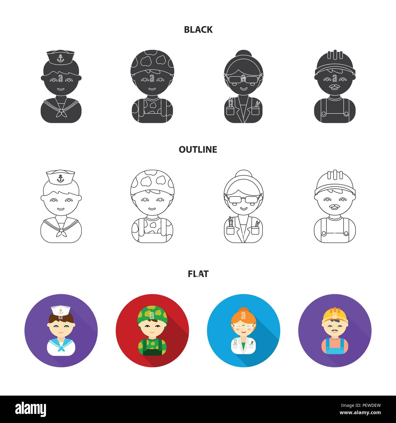 Sailor, soldier, scientist, builder.Profession set collection icons in ...
