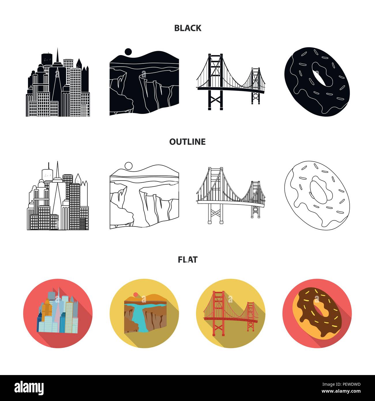 A megacity, a grand canyon, a golden gate bridge, donut with chocolate ...