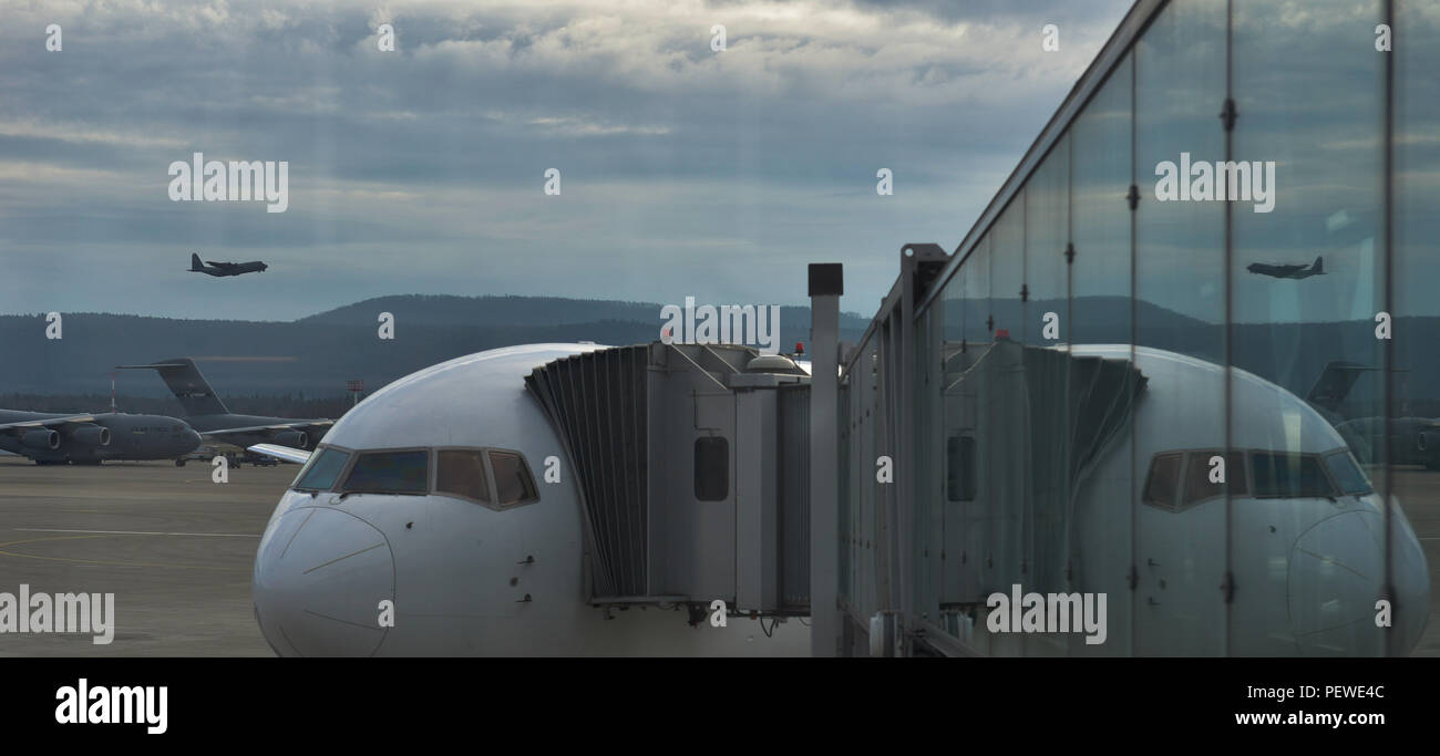 A plane is parked on the flightline of Ramstein Air Base, Germany ...