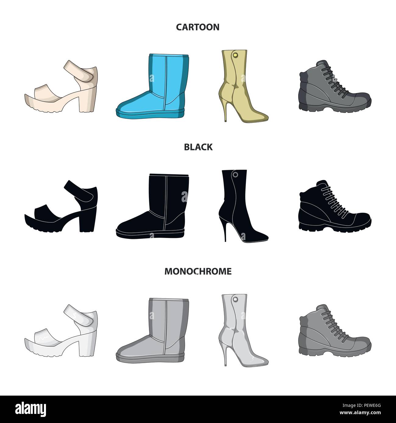 A set of icons on a variety of shoes.Different shoes single icon in ...