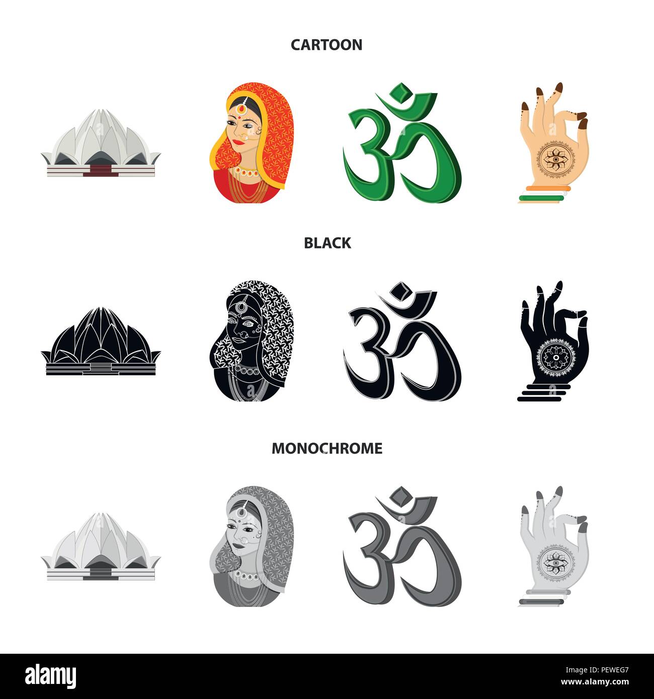Country India cartoon,black,monochrome icons in set collection for ...
