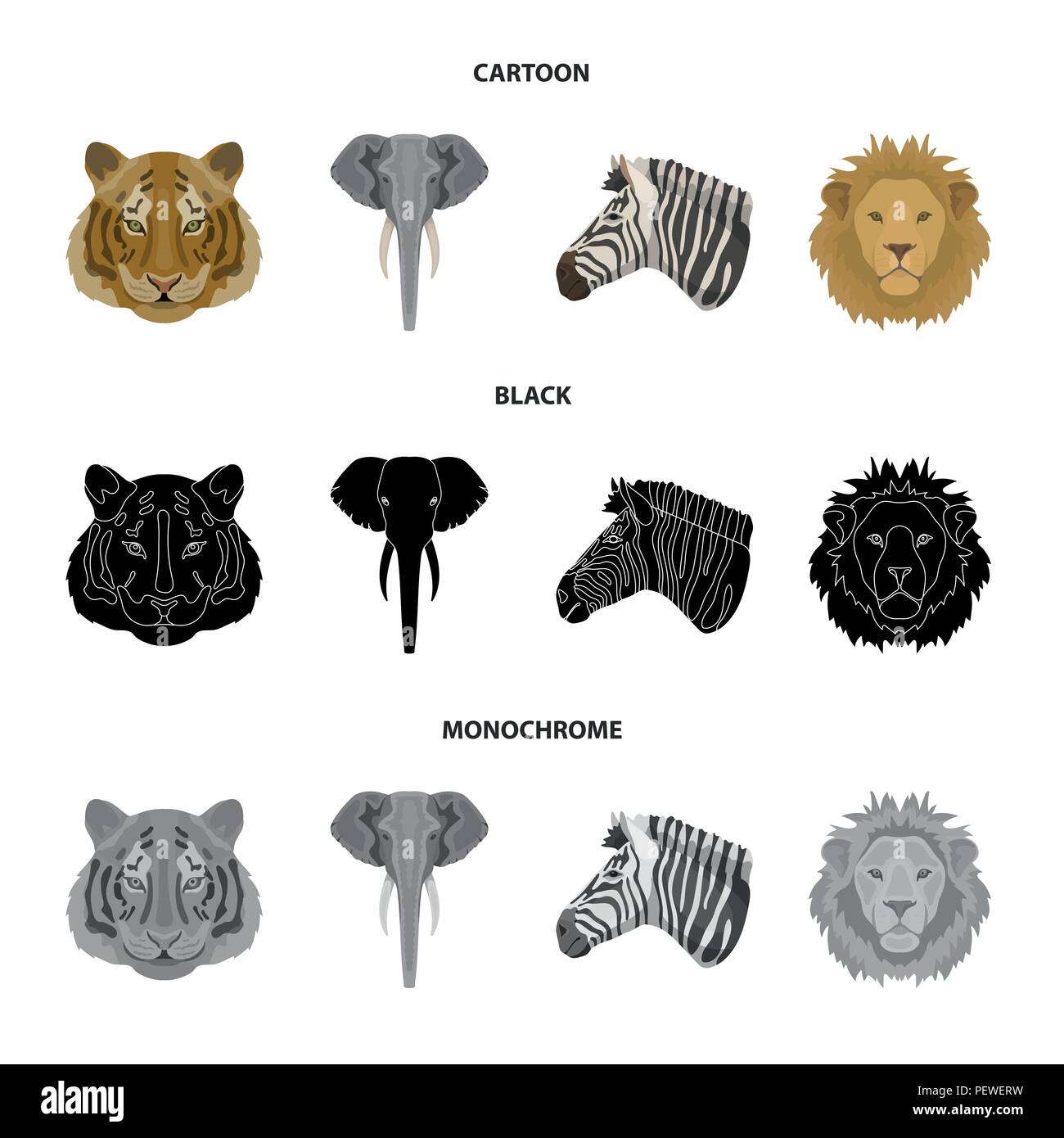 Tiger, lion, elephant, zebra, Realistic animals set collection icons in ...