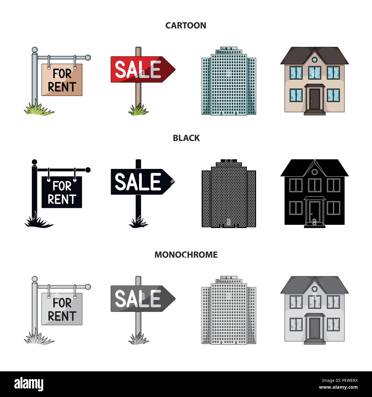 Signs of sale and rent, a skyscraper, a two-story cottage.Realtor set ...