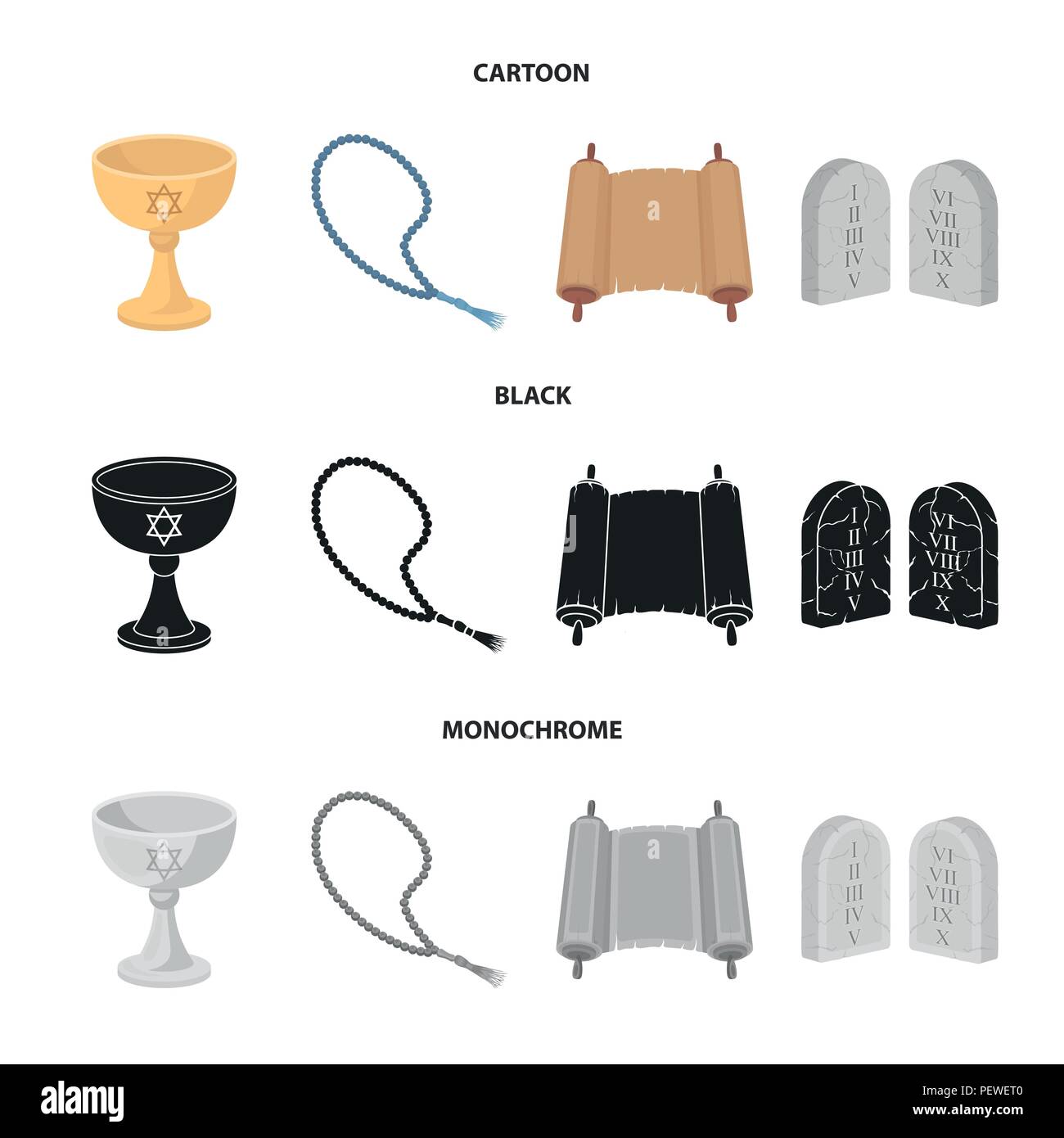 A cup of wine, Islamic beads, ten commandments, tanakh. Religion set ...