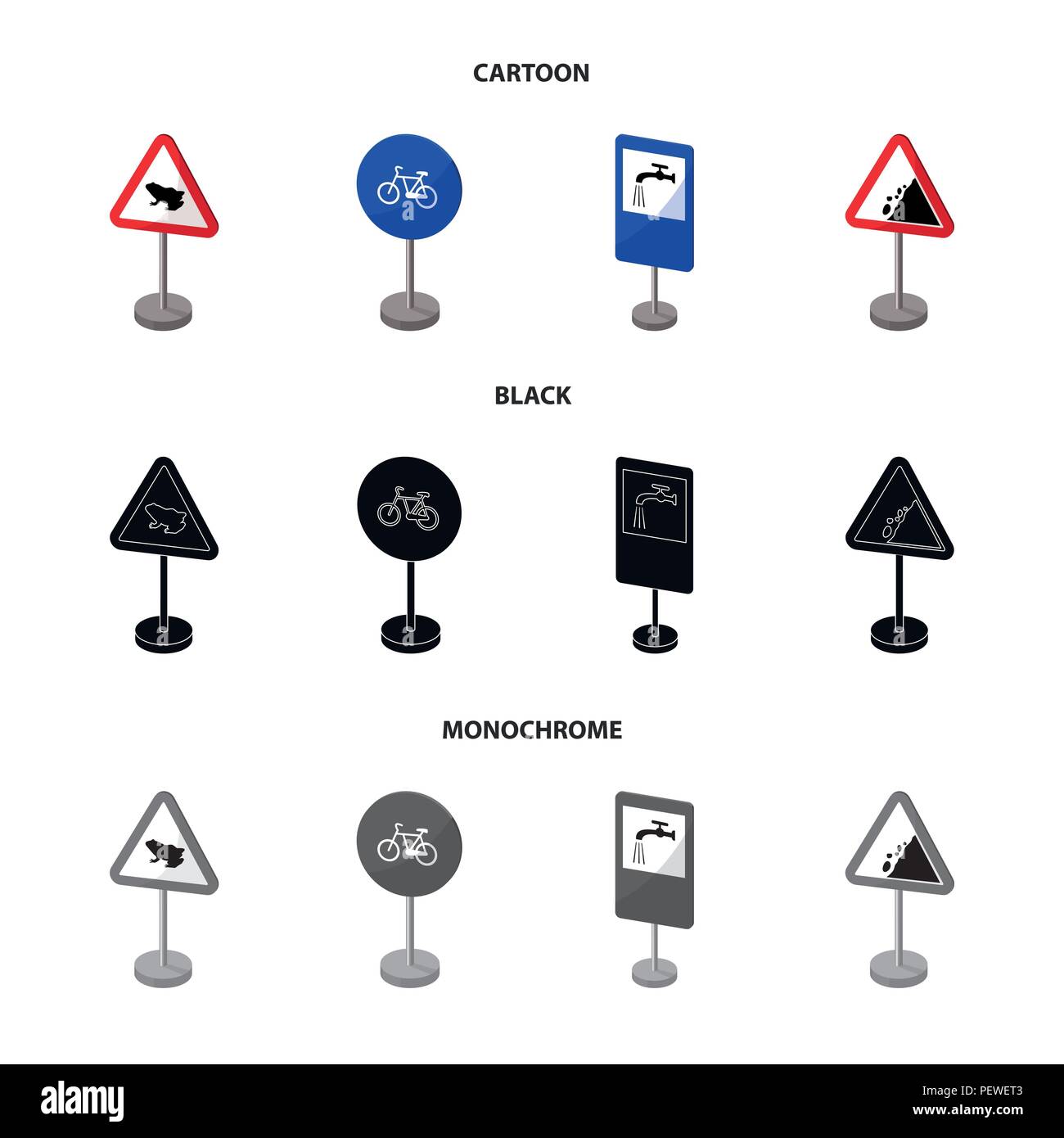 Different types of road signs cartoon,black,monochrome icons in set ...