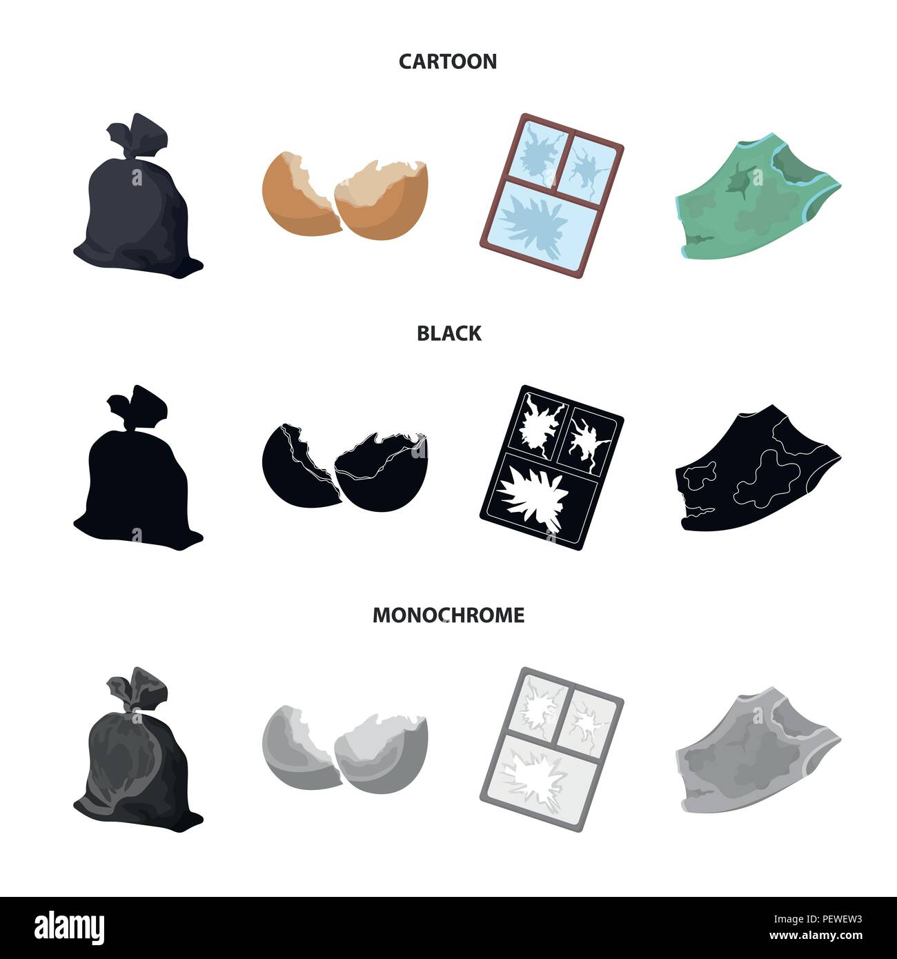 A garbage bag, a broken egg shell, a torn dirty T-shirt, a broken ...