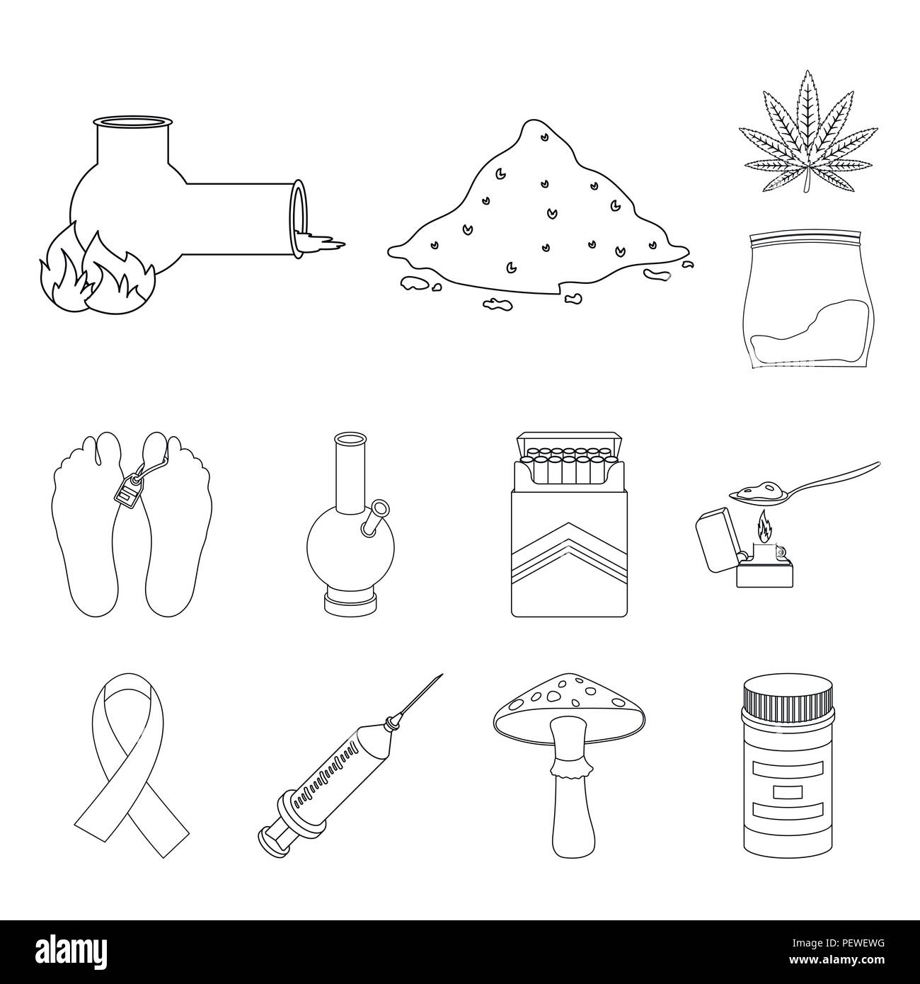 Drug addiction and attributes outline icons in set collection for ...