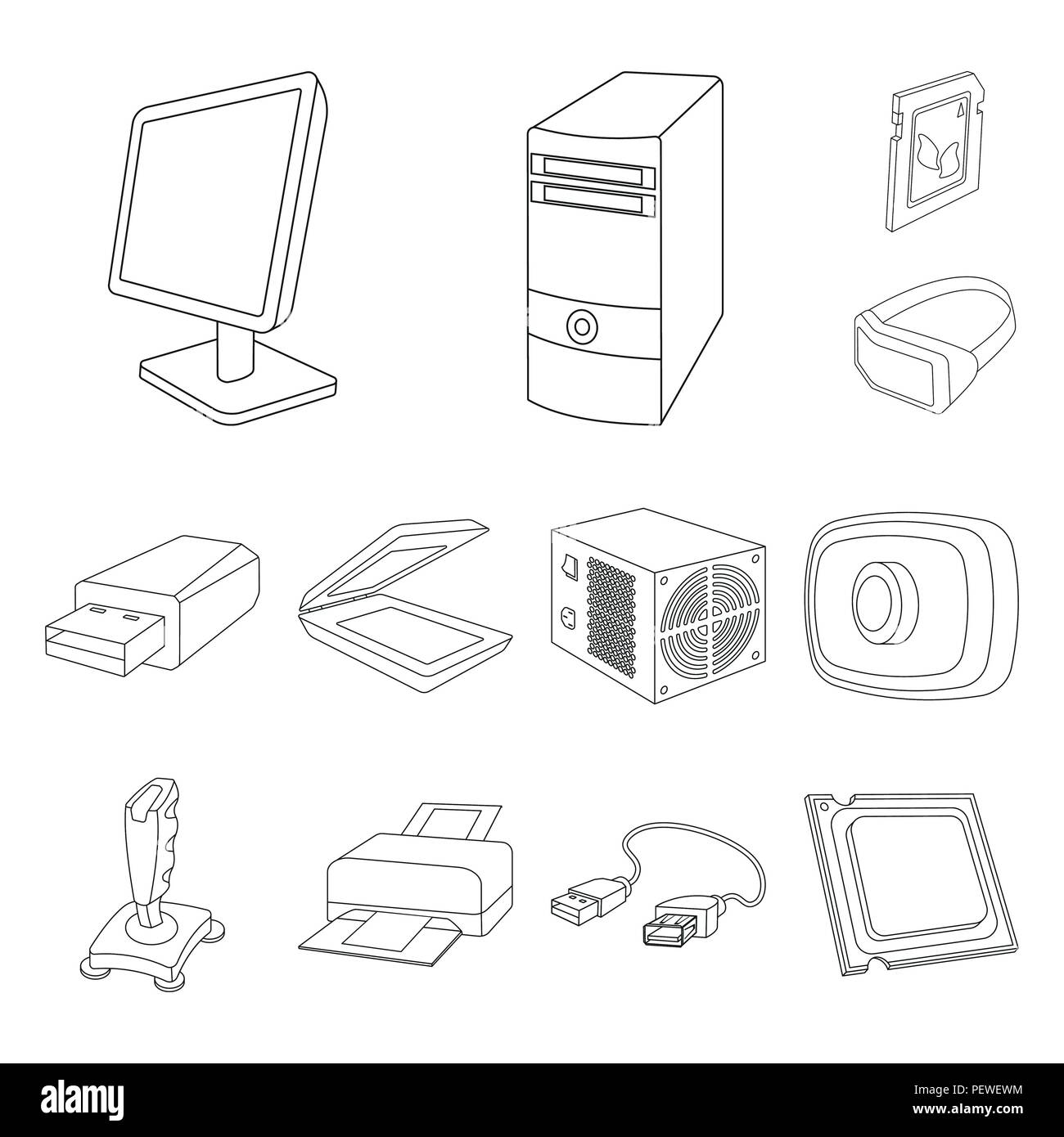 Personal computer outline icons in set collection for design. Equipment ...