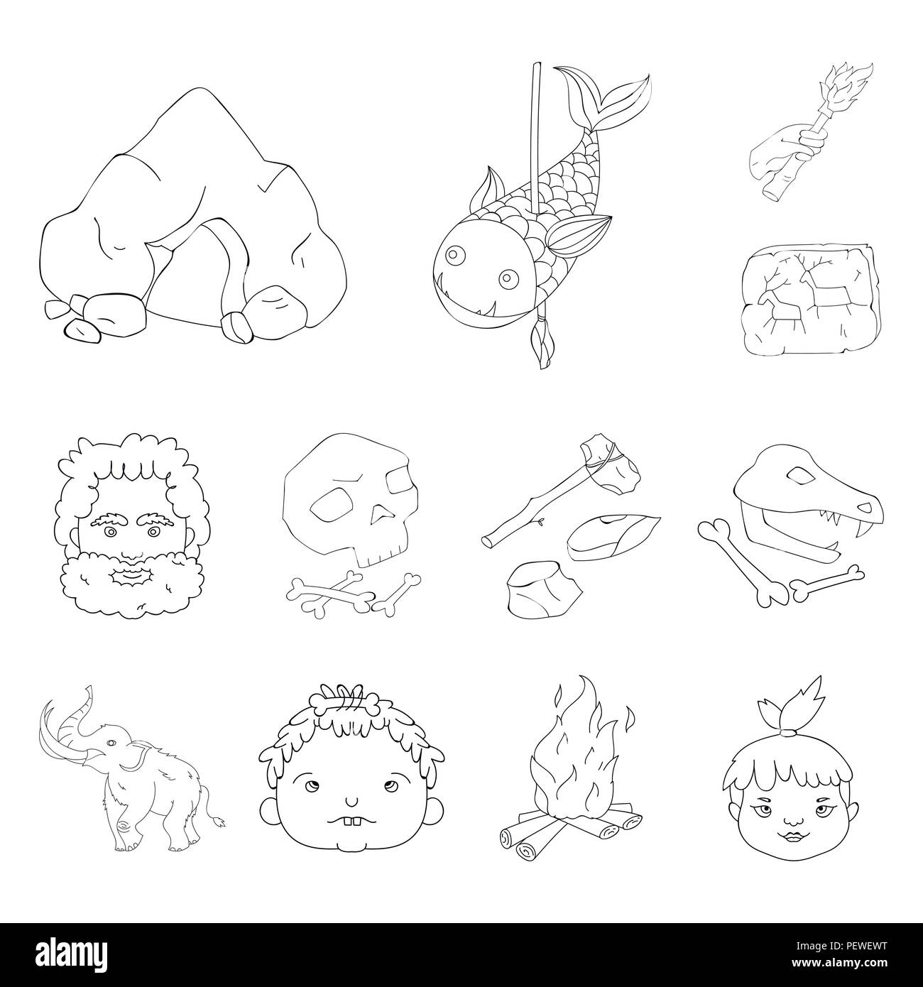 Life in the Stone Age outline icons in set collection for design ...