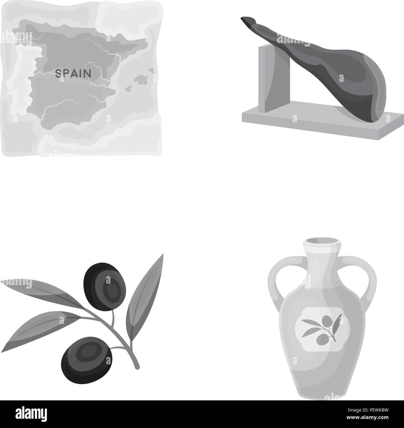 Map of Spain, jamon national dish, olives on a branch, olive oil in a ...