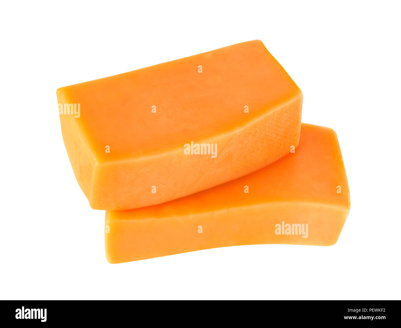Two pieces of cheddar cheese isolated on white background with clipping ...