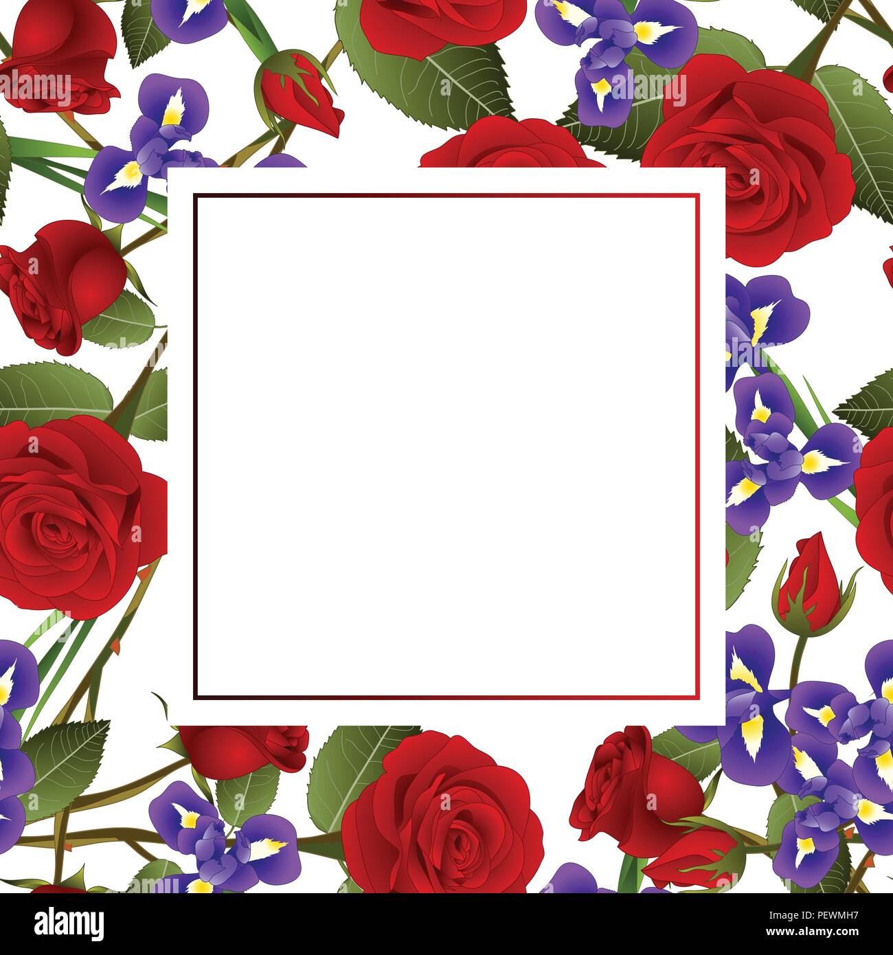 Beautiful Red Rose and Iris Flower Banner Card. Valentine Day. Vector ...
