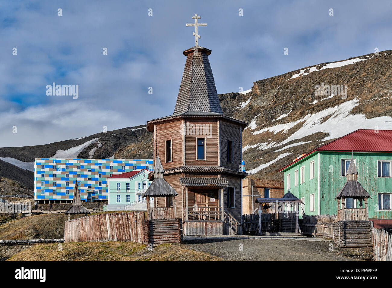 wooden Orthodox Church in russian mining town Barentsburg, Svalbard or ...
