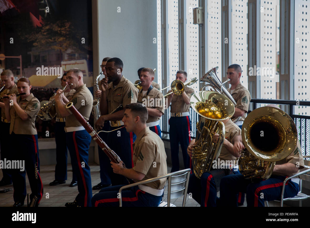 Marines with the III Marine Expeditionary Force Band practice prior to ...