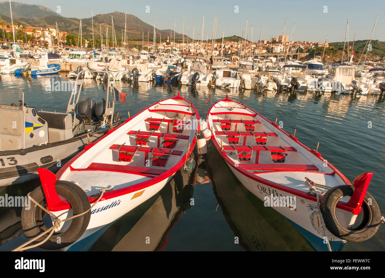 Traditional Catalan fishing boats mooring in the port of Banyuls ...