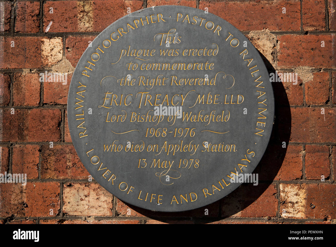 UK, Cumbria, Eden Valley, Appleby Station, memorial plaque to Bishop ...