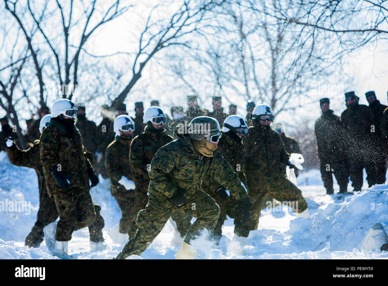 U.S. Marines and Japan Ground Self-Defense Force soldiers use cover to ...