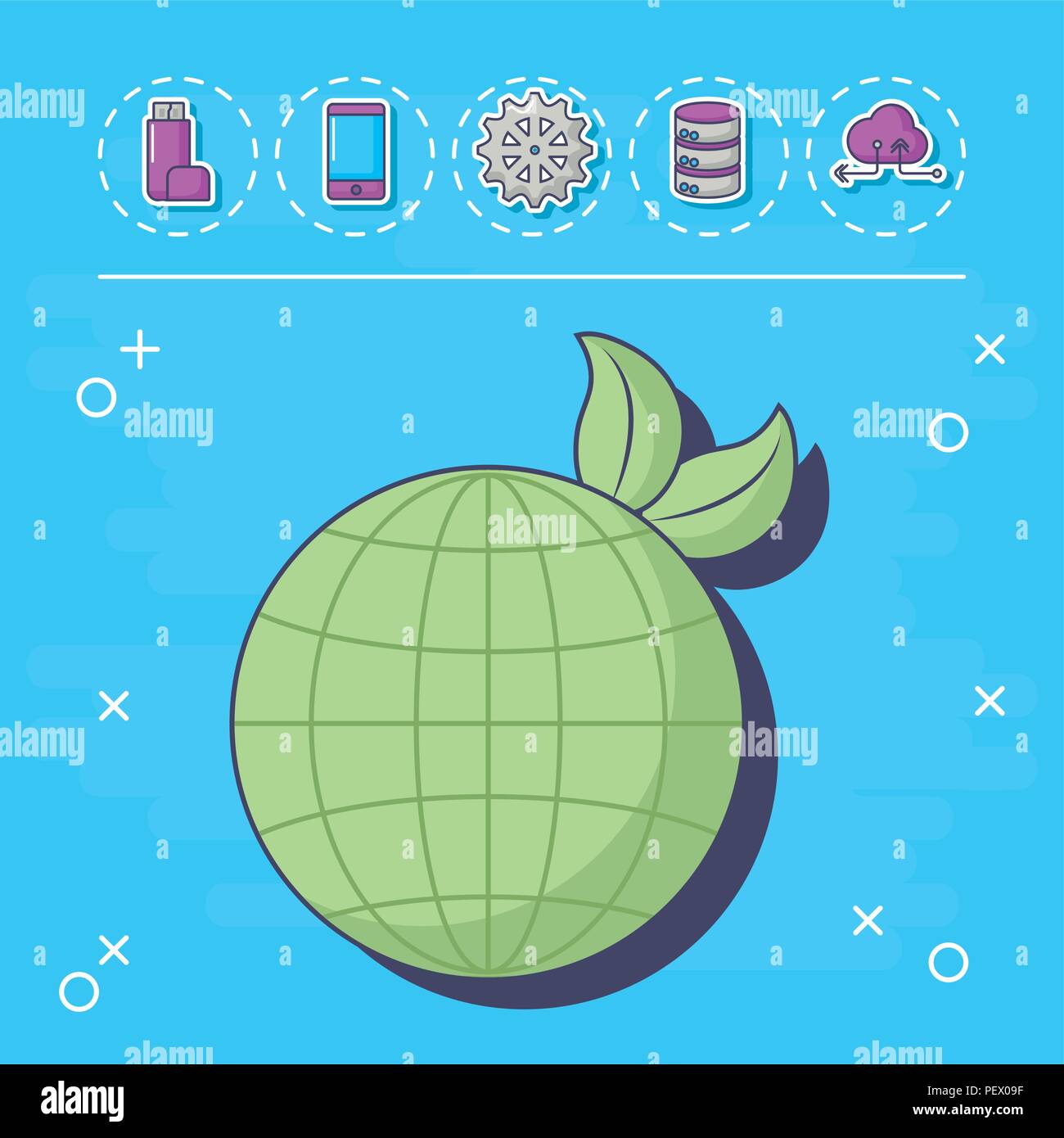 global sphere with innovation and technology related icons around over ...