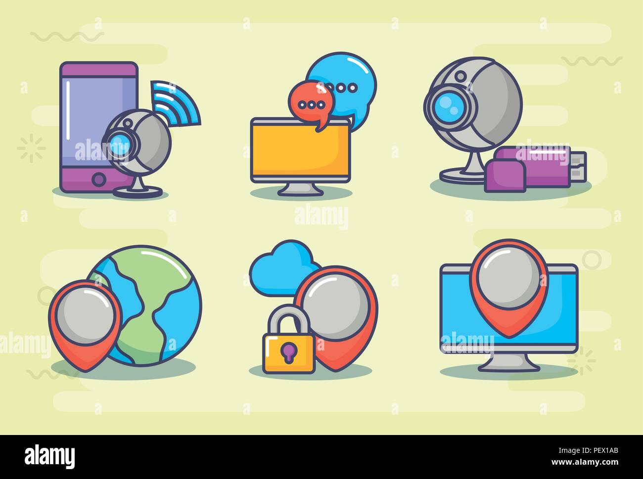 icon set of innovation and technology concept over yellow background ...