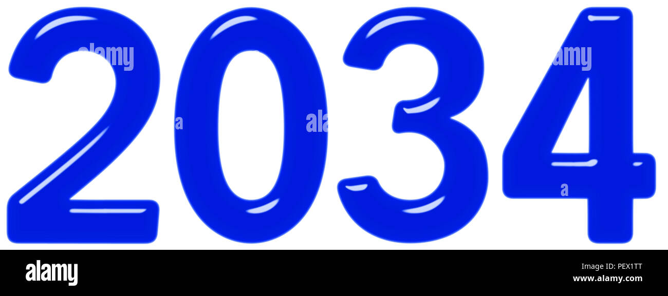 Inscription 2034 from blue glass or plastic, isolated on white background, 3d render Stock Photo ...