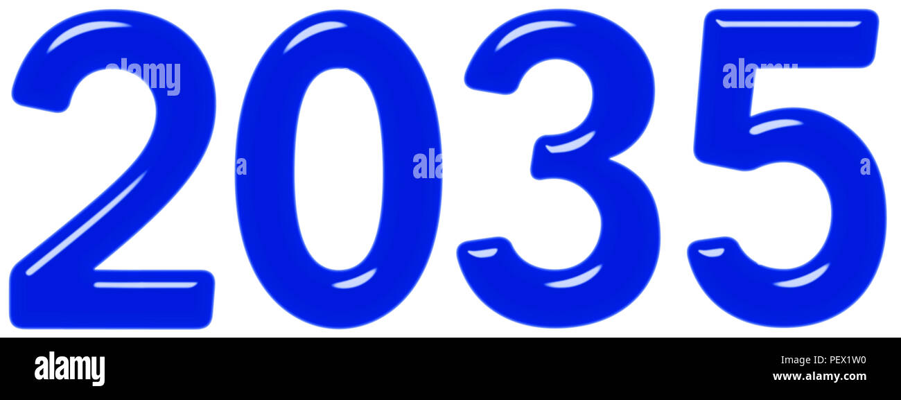 Inscription 2035 from blue glass or plastic, isolated on white ...