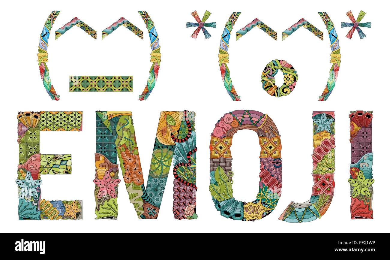 Word EMOJI unusually stylized . Vector decorative zentangle object ...