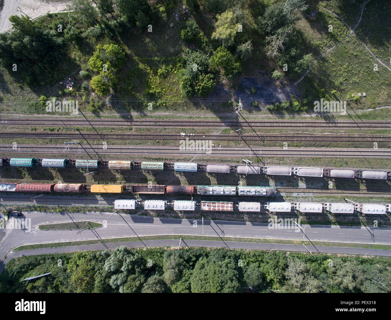 railway, trains with wagons, view from above Stock Photo - Alamy