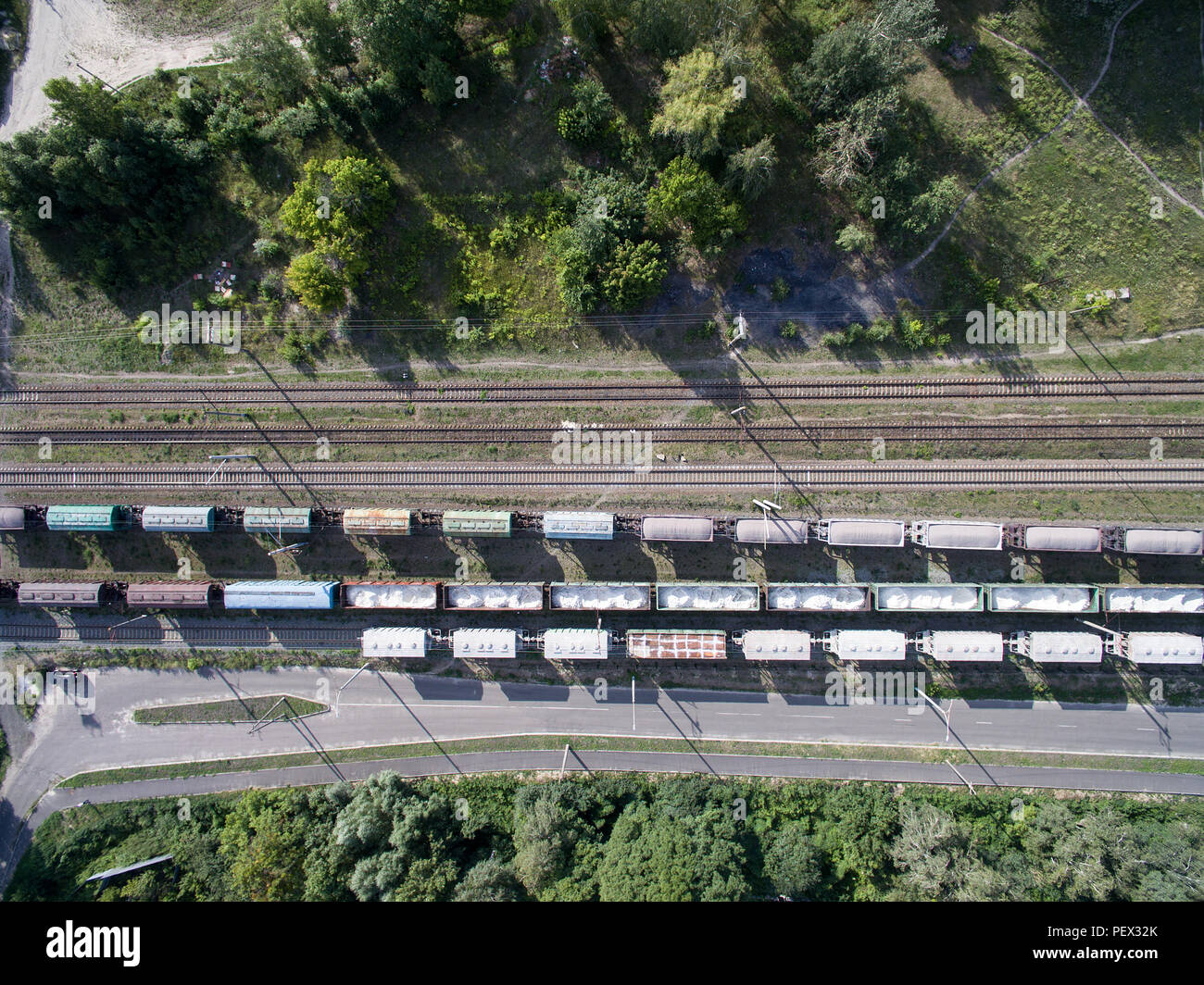 railway, trains with wagons, view from above Stock Photo - Alamy