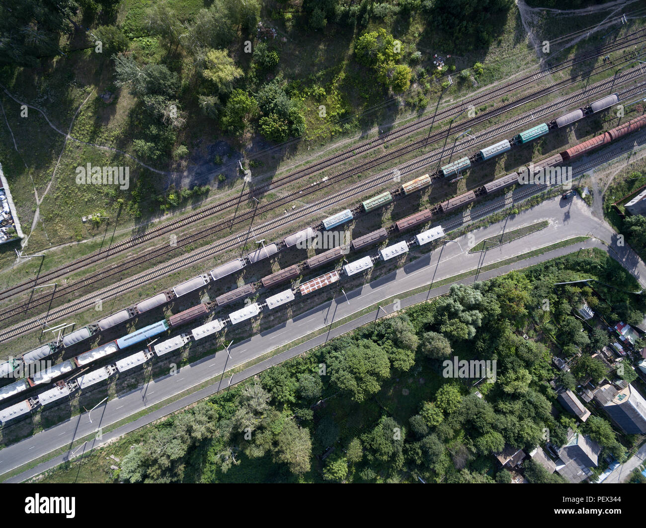 railway, trains with wagons, view from above Stock Photo - Alamy