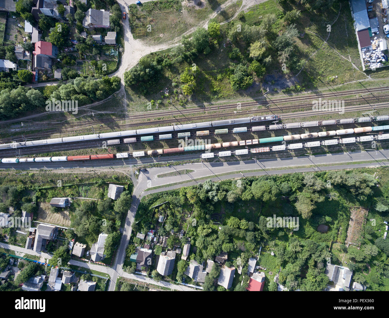 railway, trains with wagons, view from above Stock Photo - Alamy