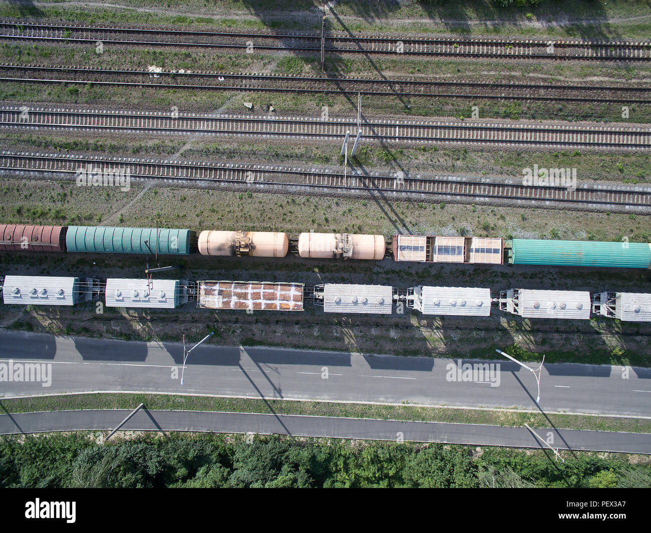 railway, trains with wagons, view from above Stock Photo - Alamy