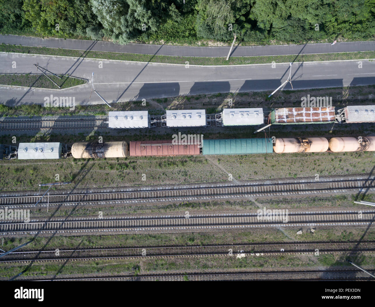 railway, trains with wagons, view from above Stock Photo - Alamy