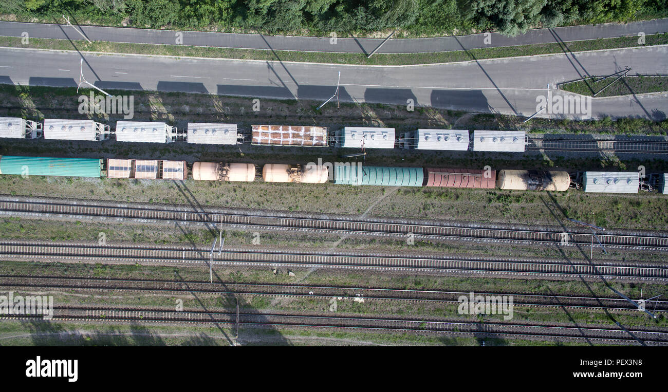 railway, trains with wagons, view from above Stock Photo - Alamy