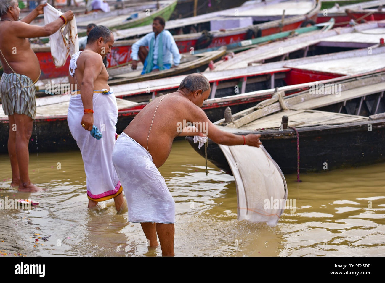 Hindu Indian pilgrims bathing and praying in Ganges river Stock Photo ...