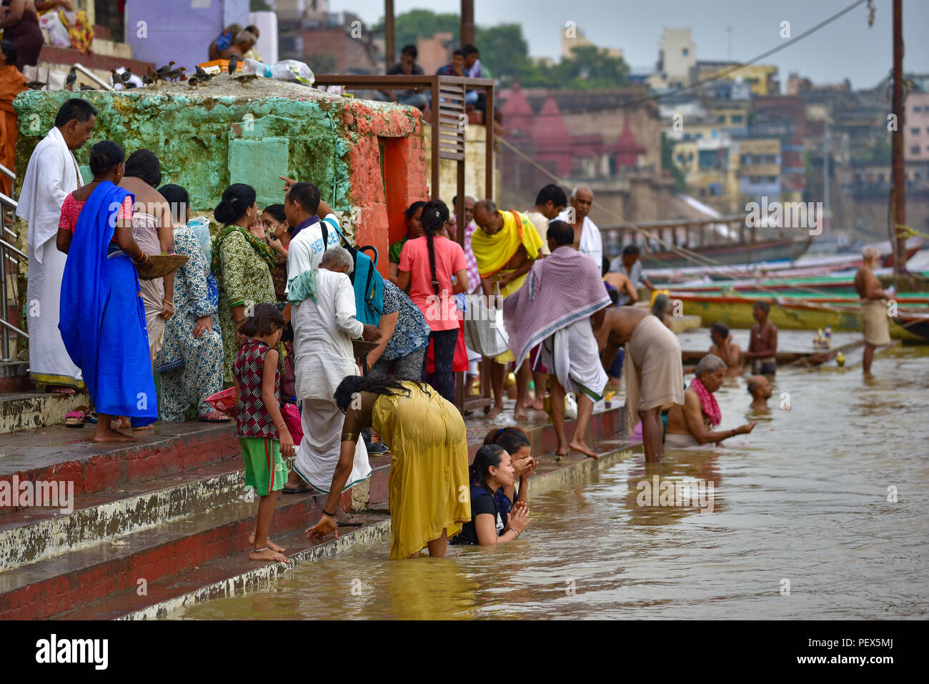 Hindu Indian pilgrims bathing and praying in Ganges river Stock Photo ...