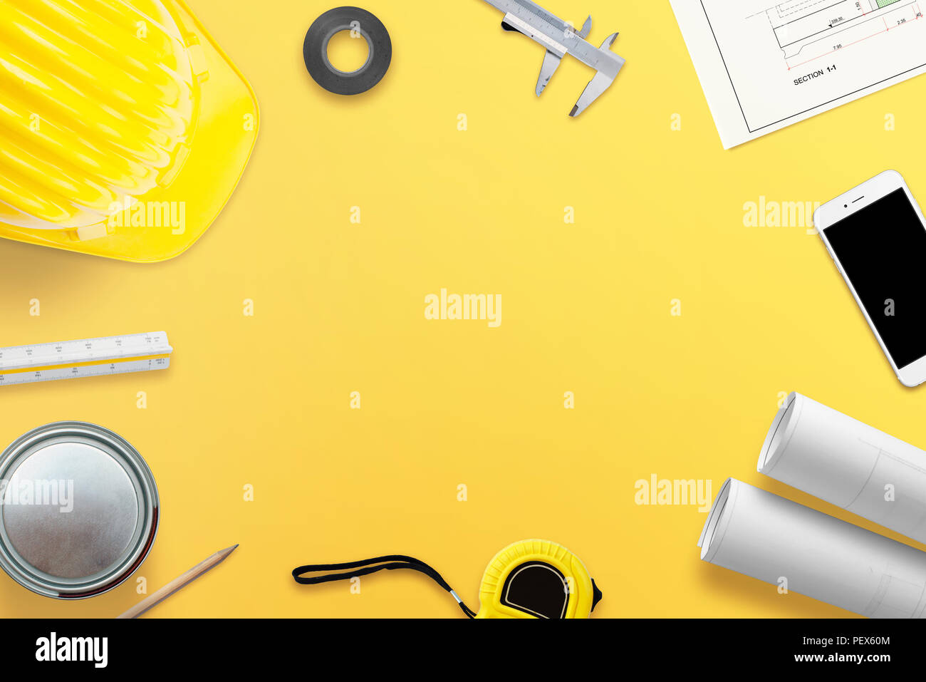 Work desk of the architect or builder with all the necessary tools ...
