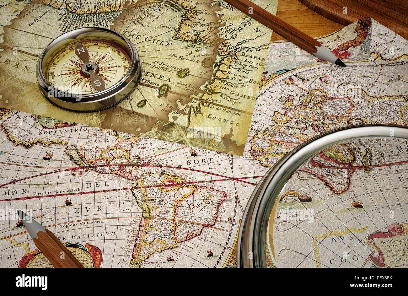 Vintage map and vintage compass with magnifying glass at the corner ...