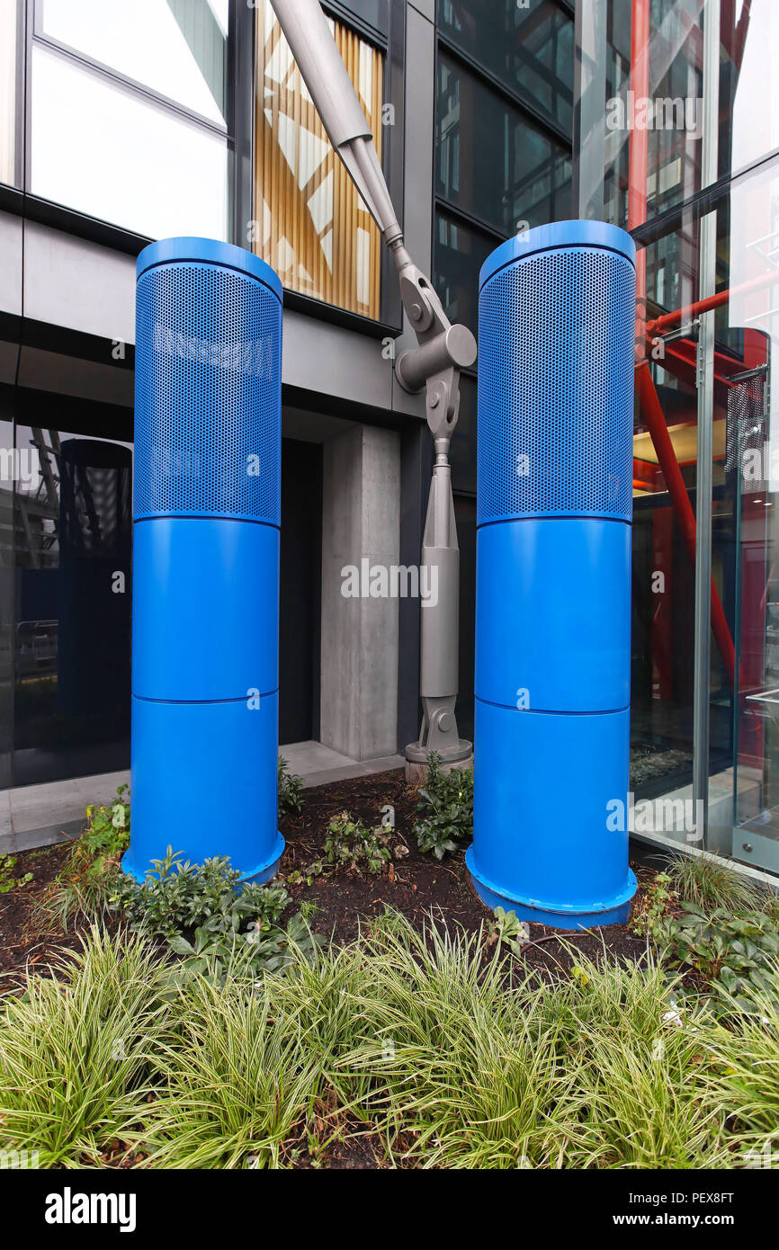 Two modern blue ventilation tower outlets Stock Photo - Alamy