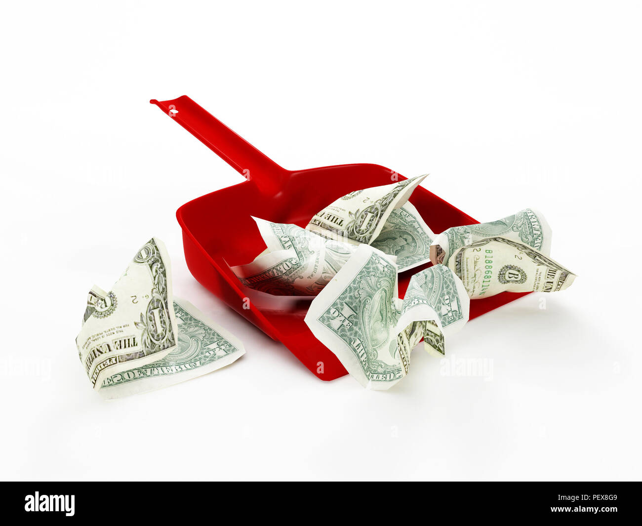 Crumpled money in dust pan, waste money concept Stock Photo - Alamy