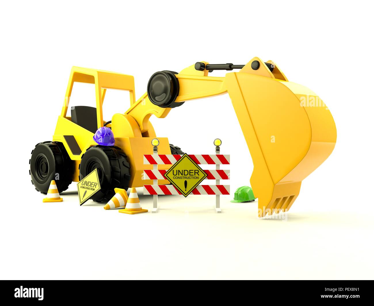 Under construction site with sign and excavator Stock Photo - Alamy