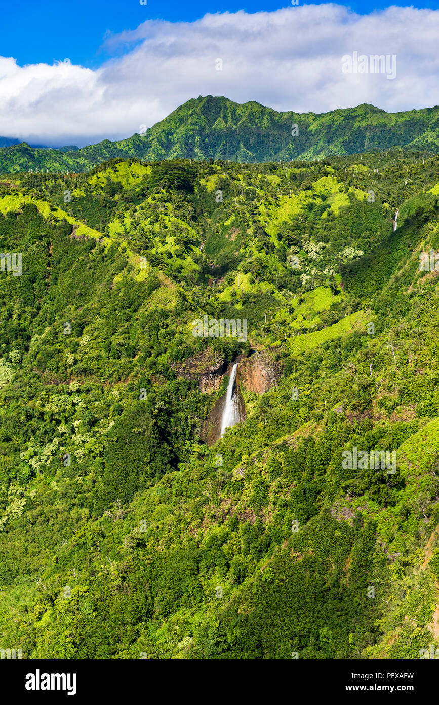 Manawaiopuna Falls (aerial) also known as Jurassic Park Falls, Hanapepe ...