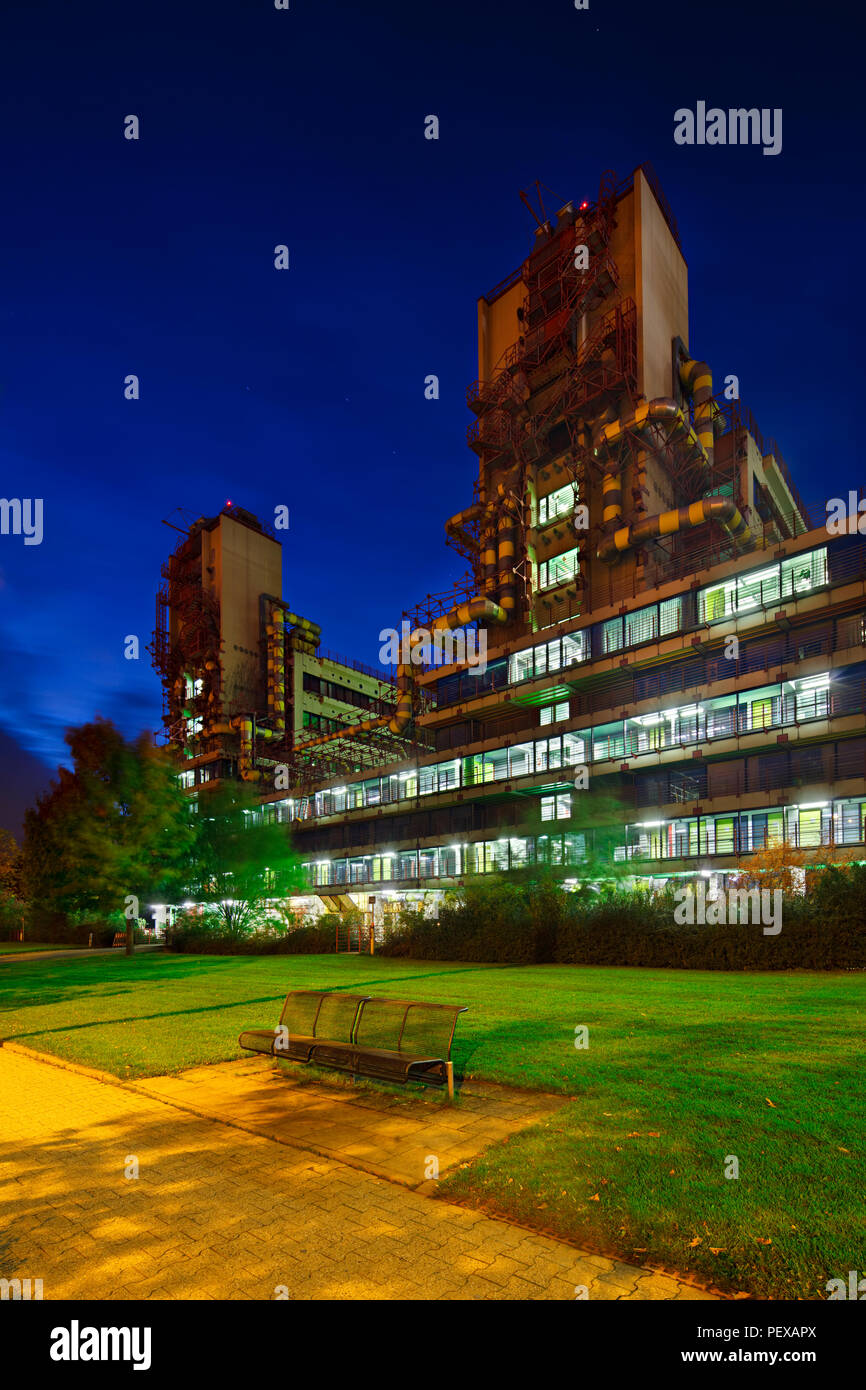 The modern university clinic of Aachen, Germany with night blue sky ...