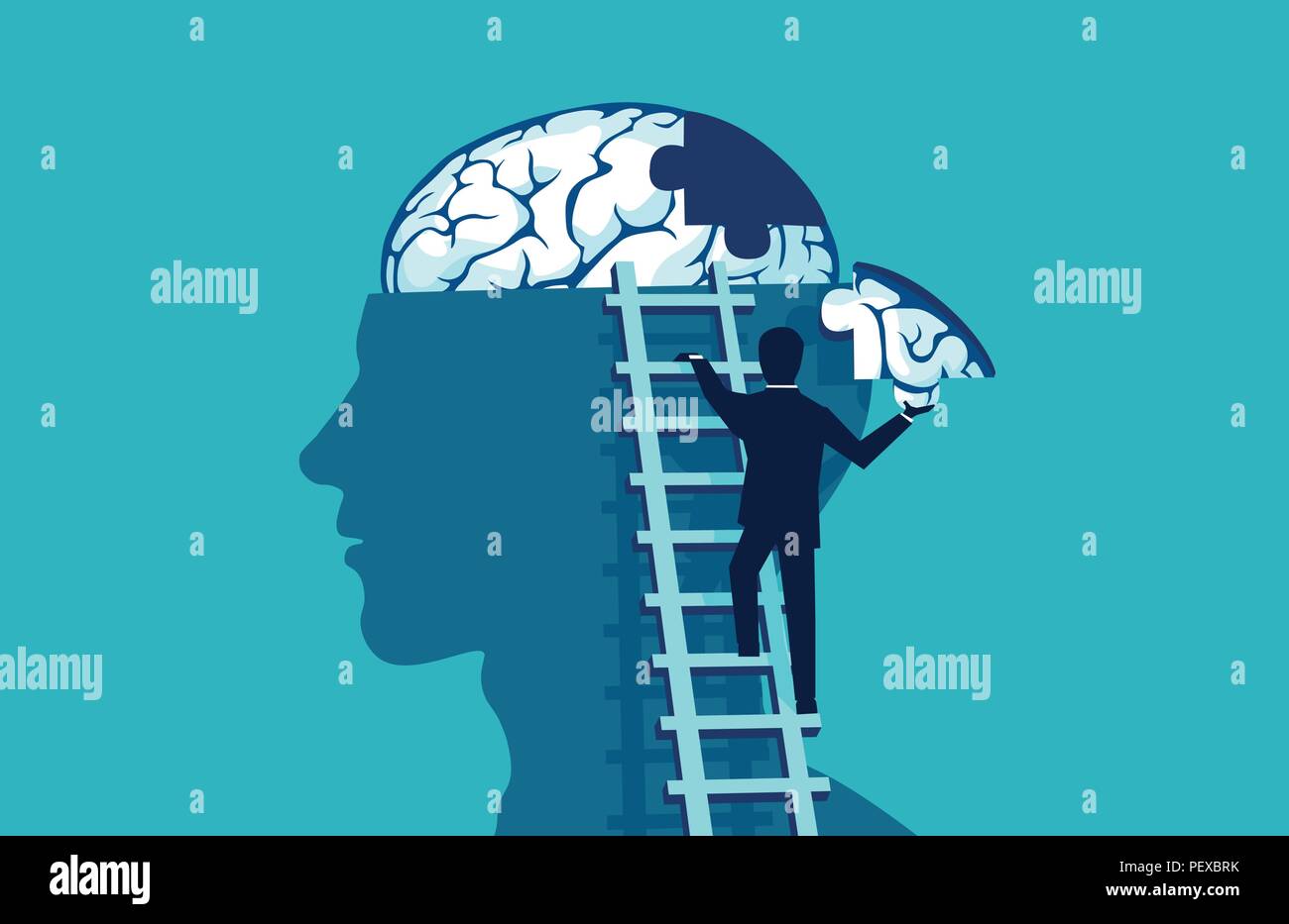 Brain puzzle vector concept. Business man climbing up the stairs ...