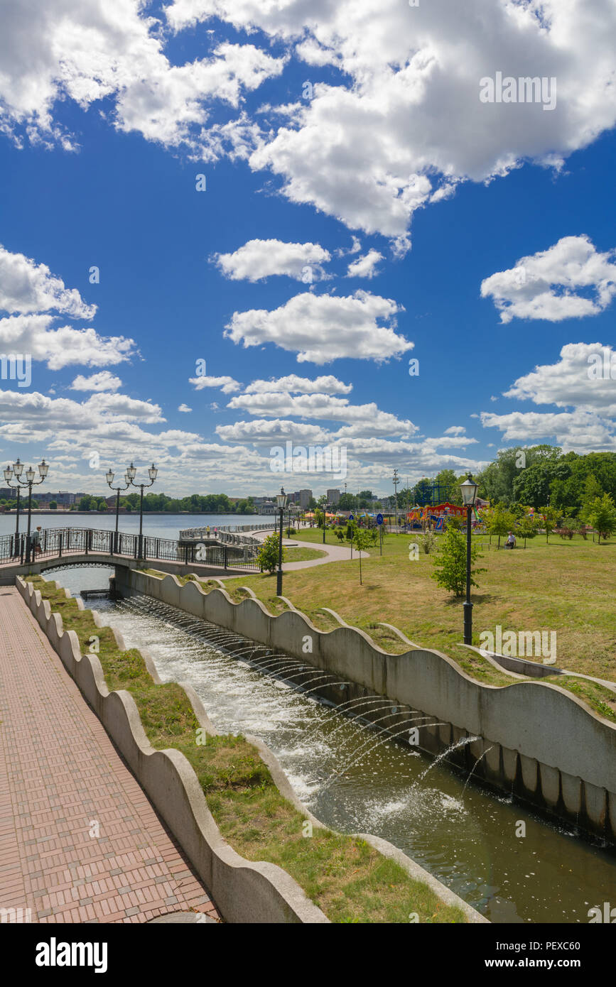 Park, lawn, cascades, promenade alongside the Upper Lake, Kaliningrad ...