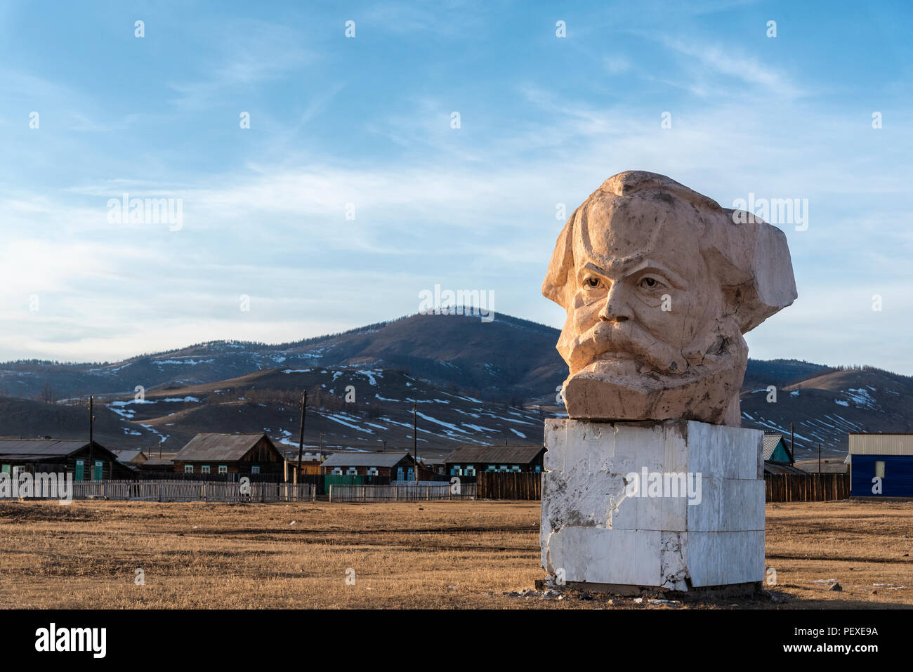Karl Marx Statue in the center of Tashir Village, Buryatia, Russia ...