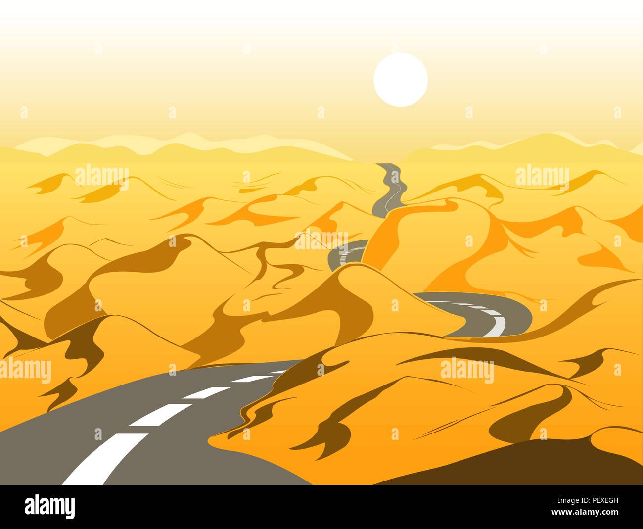 Empty road in the desert. Sand dunes, mounains, road, and sun landscape ...