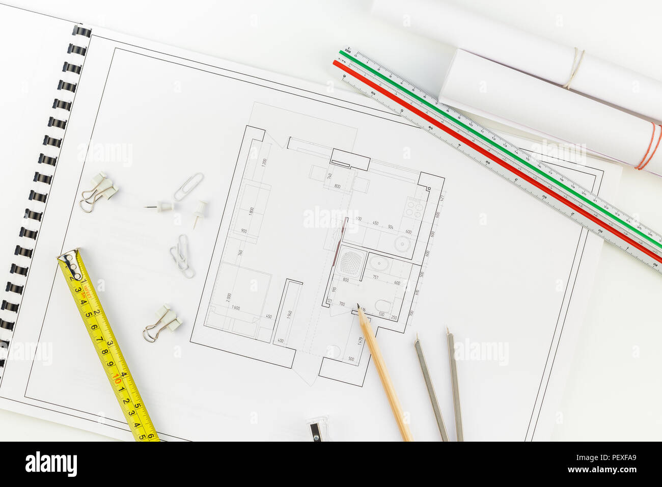Creative flat lay overhead top view blueprints architectural flat ...